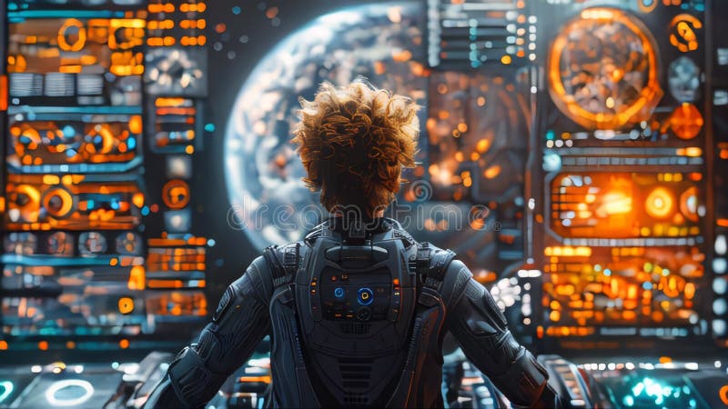 Man Observing a Data-filled Screen with a Futuristic Aesthetic. Bright ...