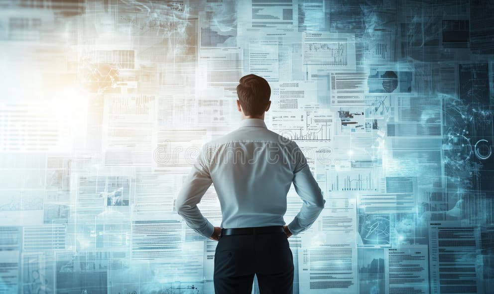 Man Observing a Digital Information Wall with Graphs, Charts, and ...