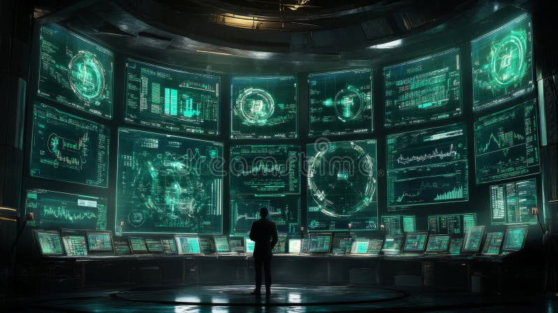 Man Observing Futuristic Green Screens in Dark Control Room Stock ...