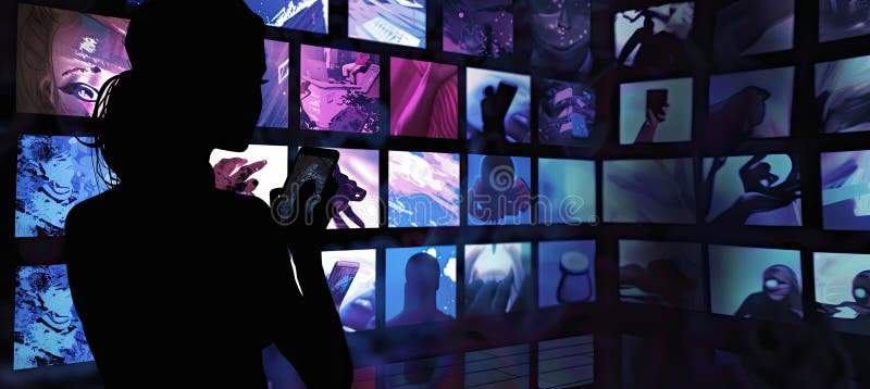 Man Observing Multimedia Video Wall. Concept of a Person Standing in ...