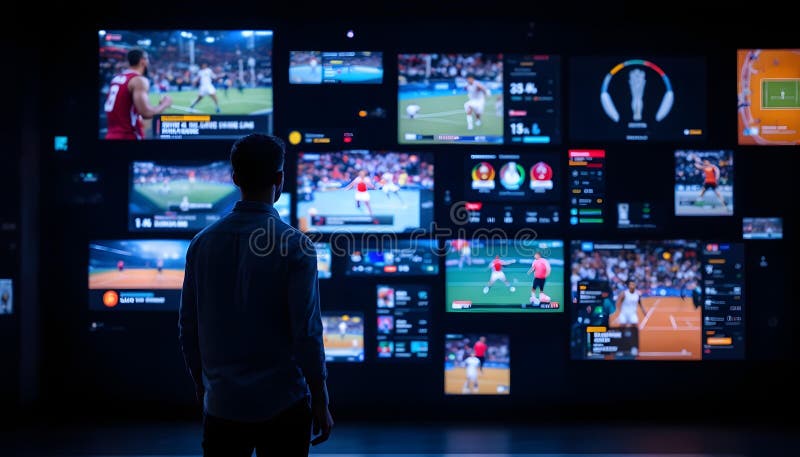 A Man Observing Multiple Sports Broadcasts on a Massive Video Wall ...