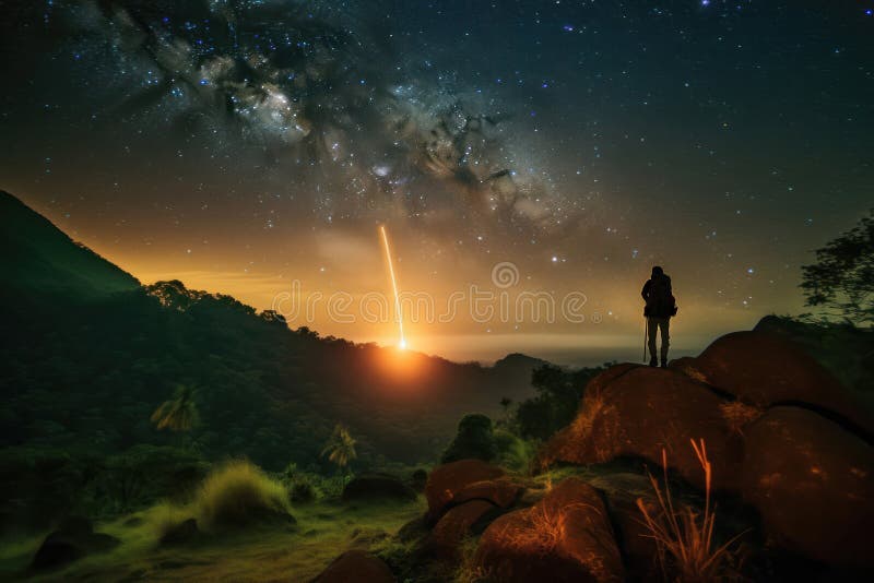 Man Observing Rocket Launch Under Starry Sky. Generative AI Stock Image ...