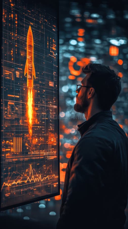 Man Observing Screen Displaying Rocket and Digital Interface of Startup ...
