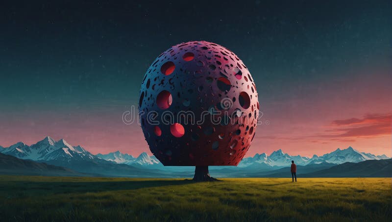 Man Observing a Surreal Spherical Tree Structure in a Mountainous ...