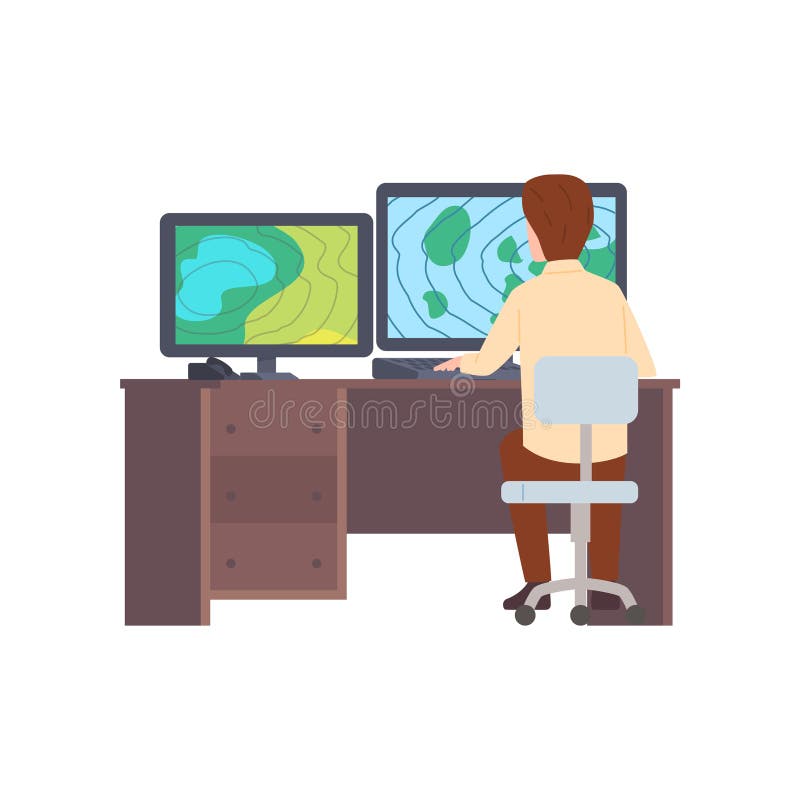Man Observing Weather Map at Computer Screen at Desk. Stock Vector ...