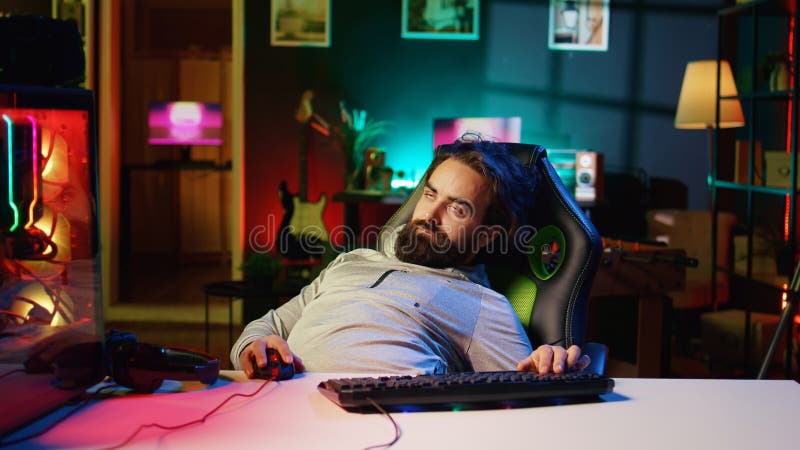 Man Obsessed with Playing Videogames All Day Falling Asleep at Computer ...