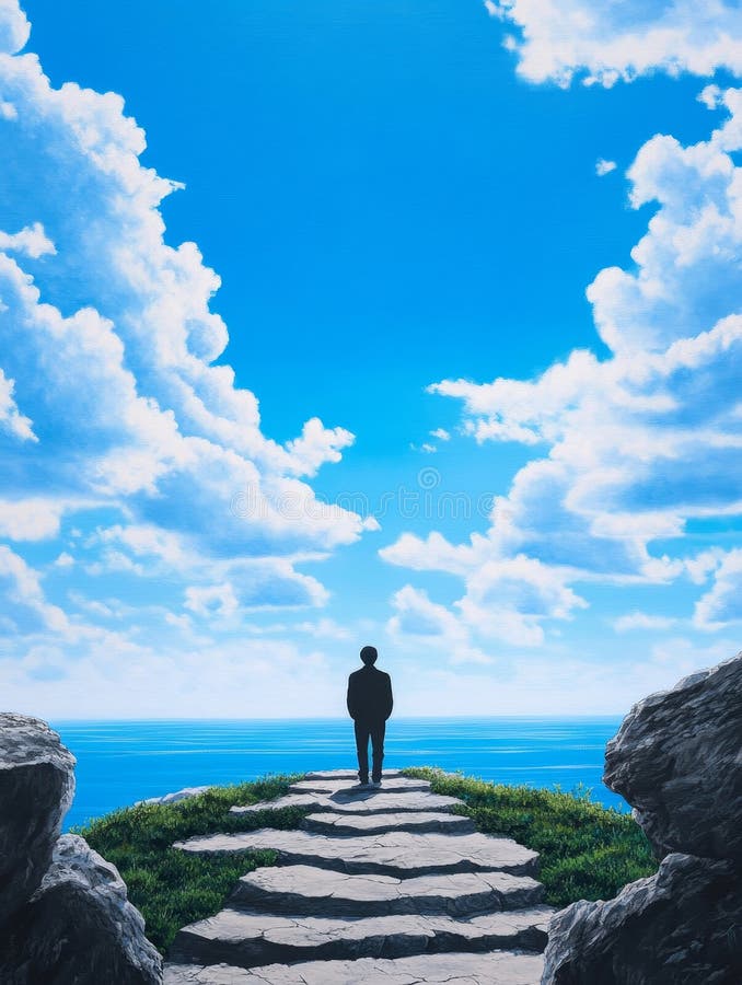 Man at the Oceans Edge a Lone Figure Stands on a Stone Path Overlooking ...