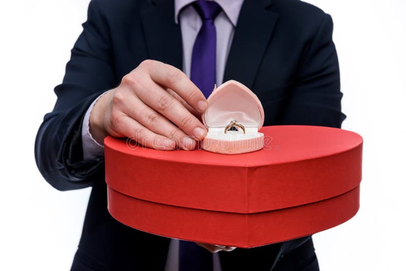 Man Offering Gift Box with Ring and Red Heart Stock Photo - Image of ...