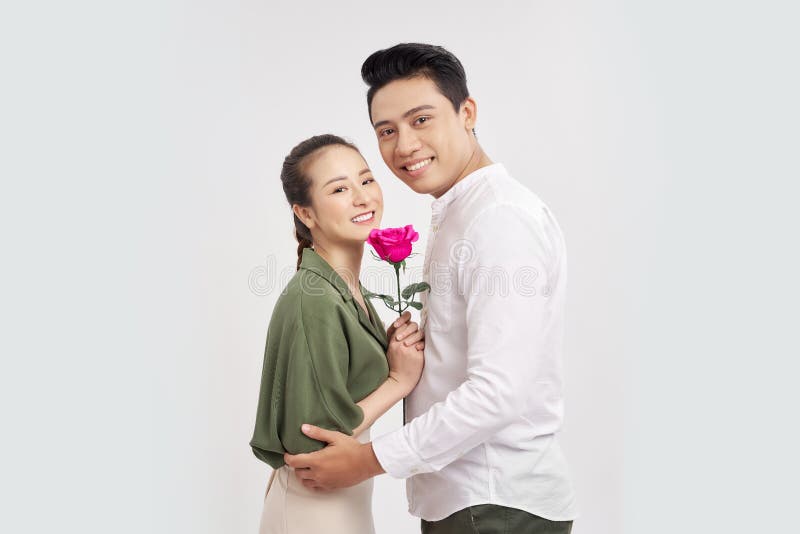Man Offering a Rose To His Girlfriend Over White Stock Photo - Image of ...