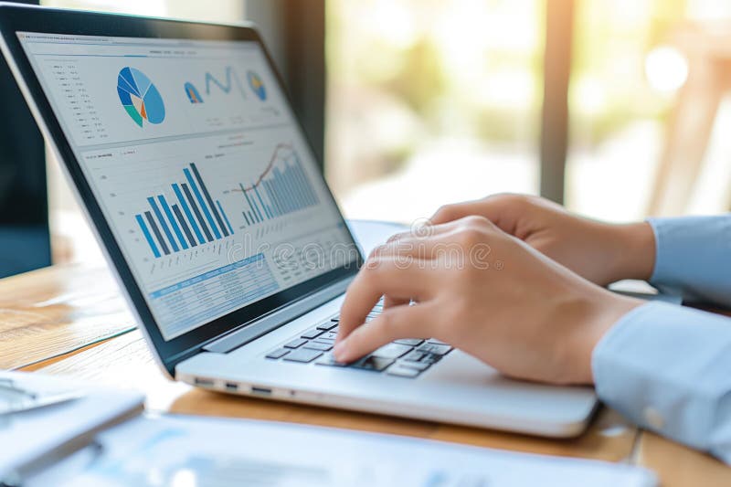 Man in Office Analyzes Graphs on Laptop while Working in Office Stock ...