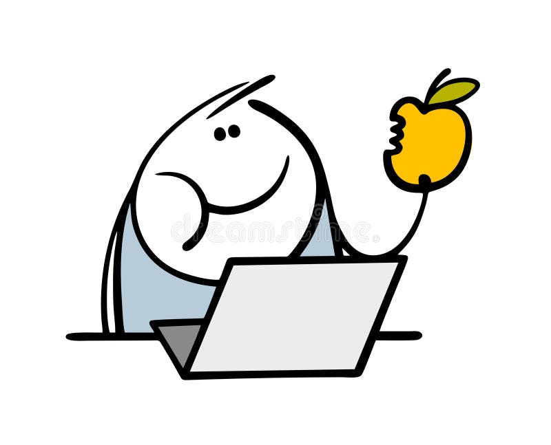 Man in an Office at a Computer is Eating a Ripe Apple. Vector ...
