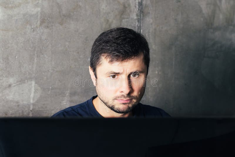 Man at the Office Desk Looking at Big Computer Screen Stock Image ...