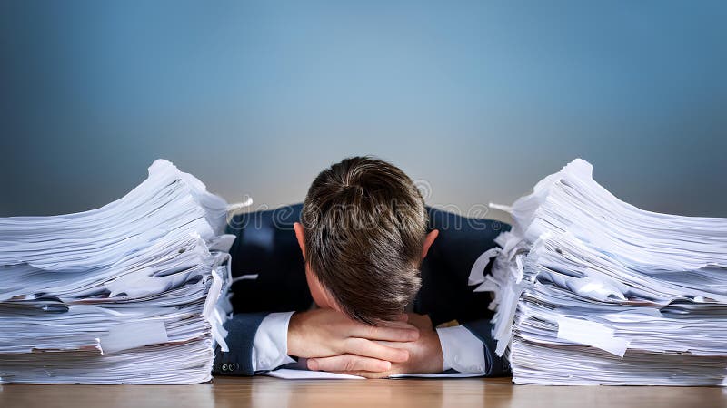 Office Worker with a Pile of Papers on His Desk. Man in the Office with ...