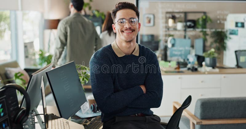 Man, Office and Face with Arms Crossed for Coding, Programing and ...