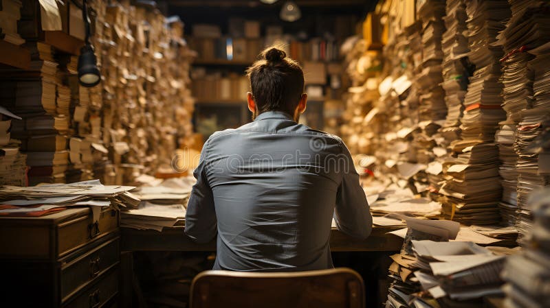 Man in the Office Full of Folders Stock Illustration - Illustration of ...