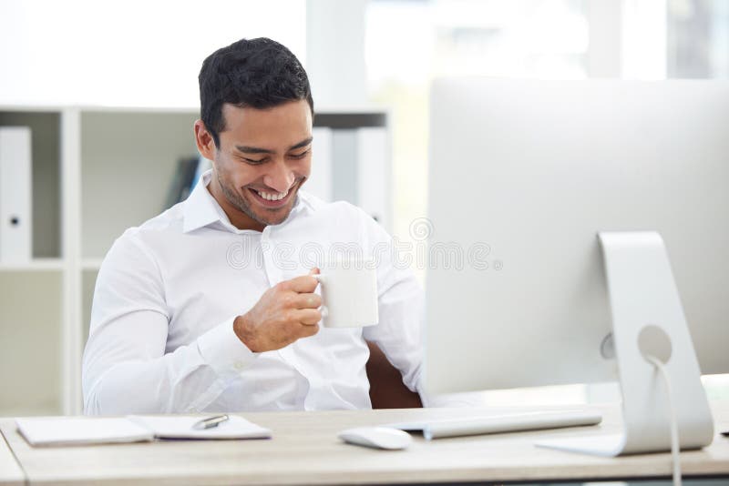 Man, Office and Laugh on Computer with Coffee As Web Designer on Break ...