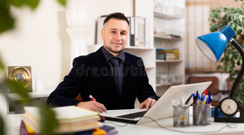 Man Office Manager Sitting at Table Stock Photo - Image of company ...