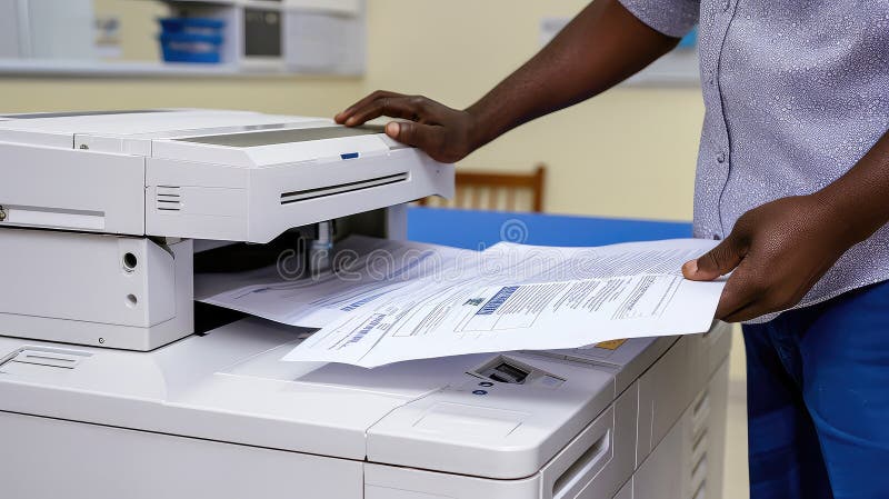 Managing Paperwork Effortlessly with the Office Printer. Stock ...