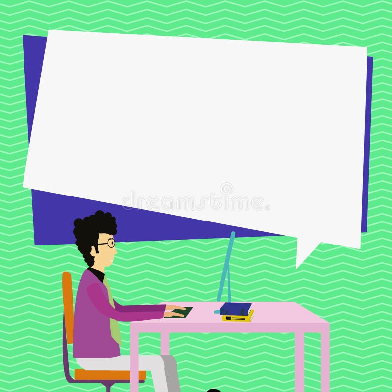 Man in Office Sitting at the Table Near Computer. Big White Sticker ...