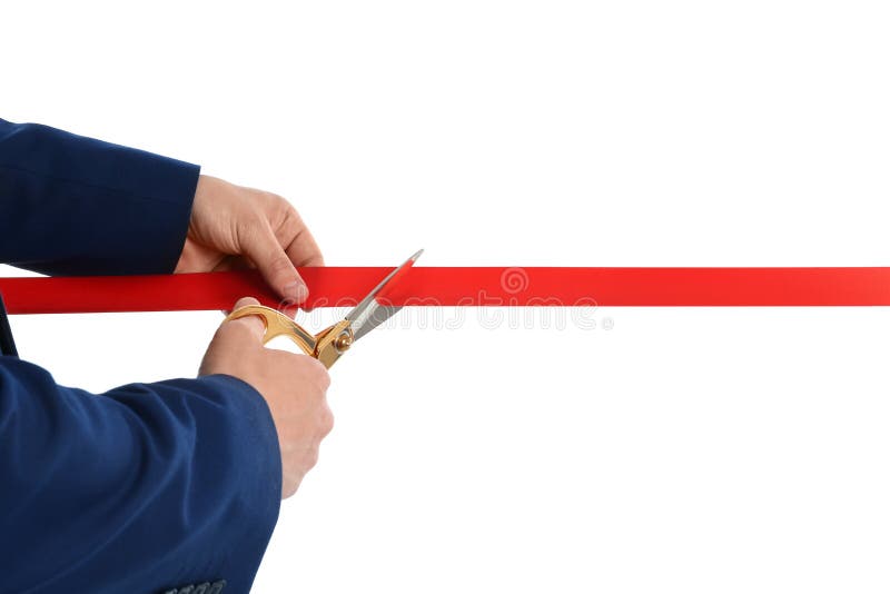 Man in Office Suit Cutting Red Ribbon Isolated on White Stock Image ...