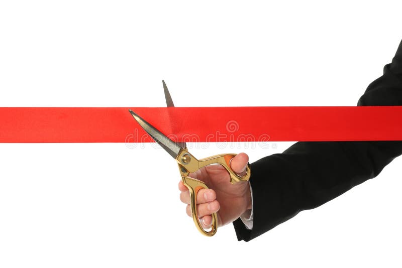 Man in Office Suit Cutting Red Ribbon on White, Closeup Stock Photo ...
