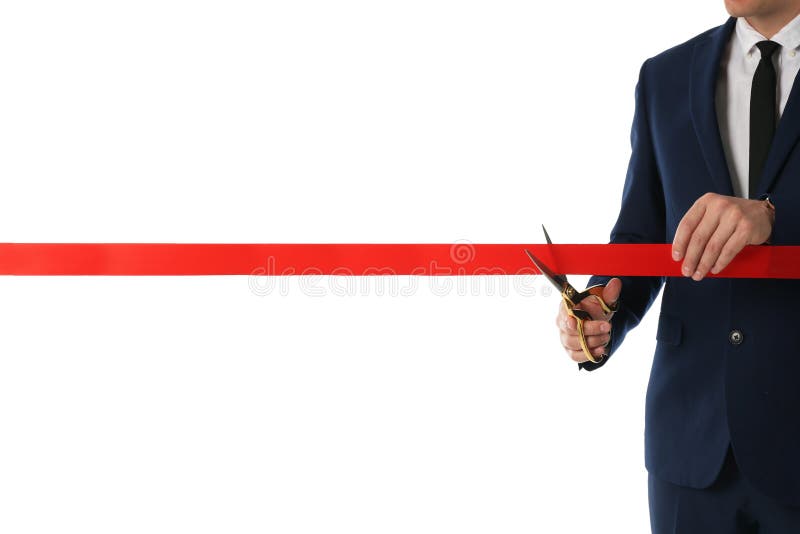 Man in Office Suit Cutting Red Ribbon Isolated on White Stock Image ...