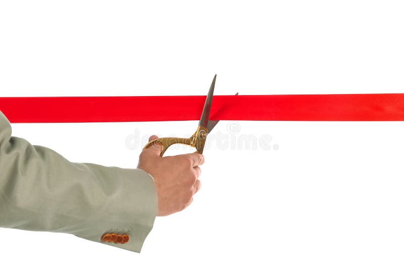 Man in Office Suit Cutting Red Ribbon Isolated on White Stock Image ...