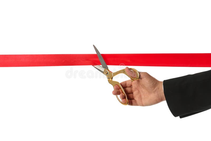 Man in Office Suit Cutting Red Ribbon Isolated on White Stock Image ...