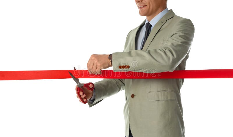 Man in Office Suit Cutting Red Ribbon Isolated on White Stock Photo ...