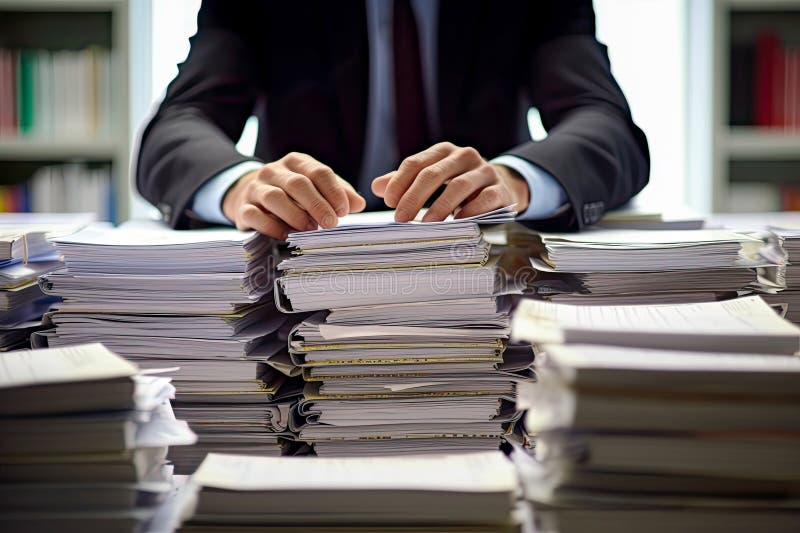 Man Office Worker Holding and Writing Documents on Office Desk. Stack ...
