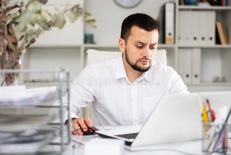 Man Office Worker Using Laptop during Workday Stock Image - Image of ...