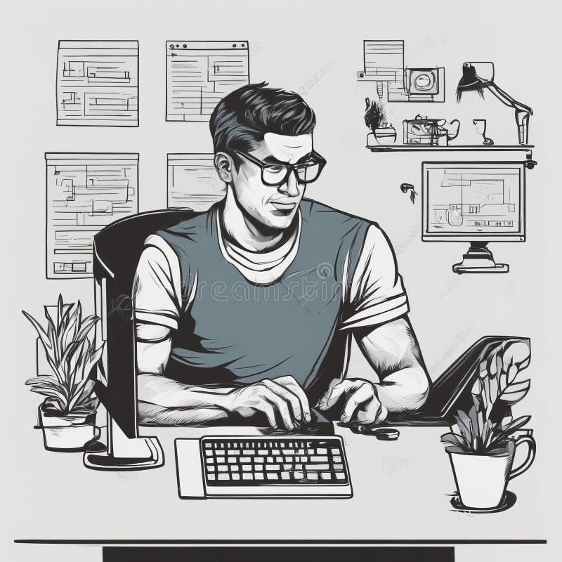 Man in Office Working with Computer, Sketch Style Vector Illustration ...