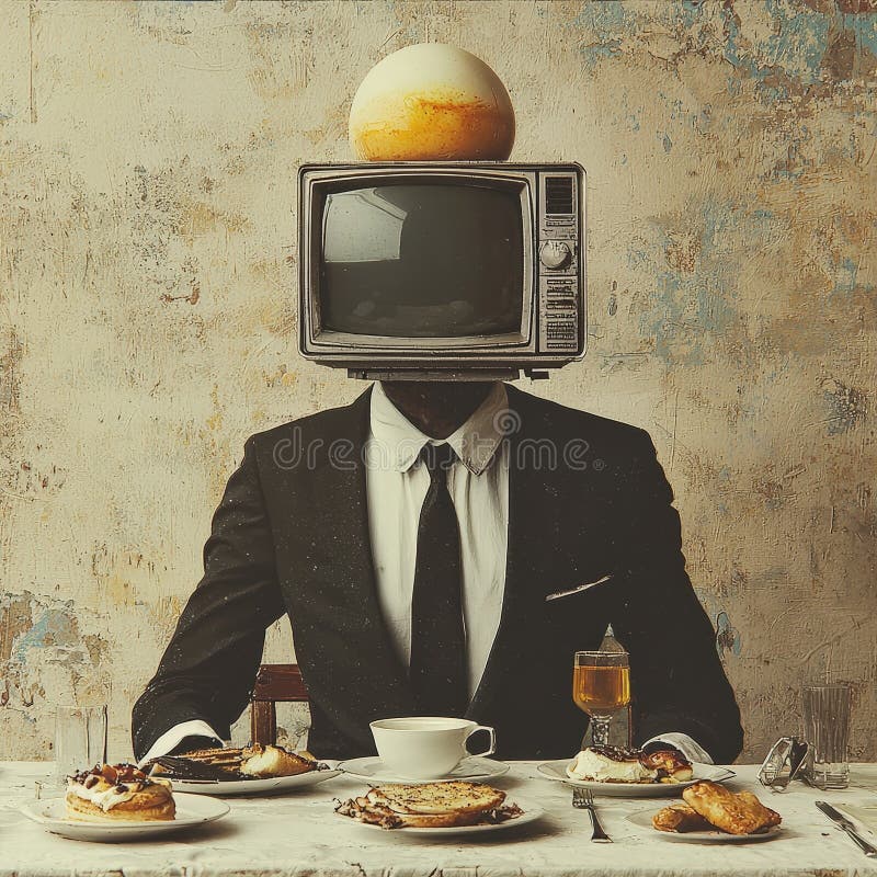 Conceptual Man with TV Head and Food Setting, Retro Surrealism Stock ...