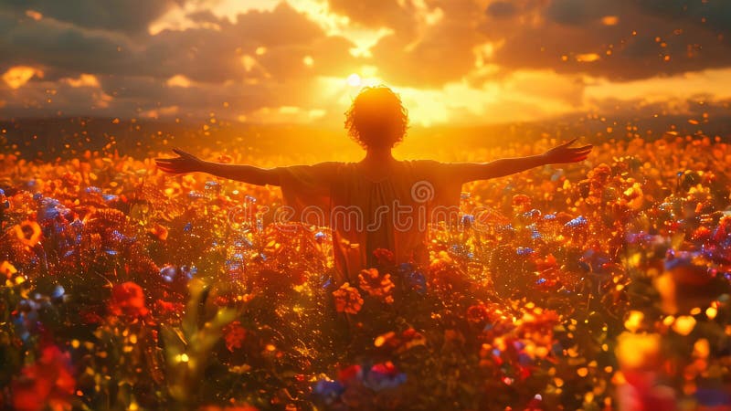 Man with Open Arms in the Field of Wildflowers at Sunset Stock Footage ...