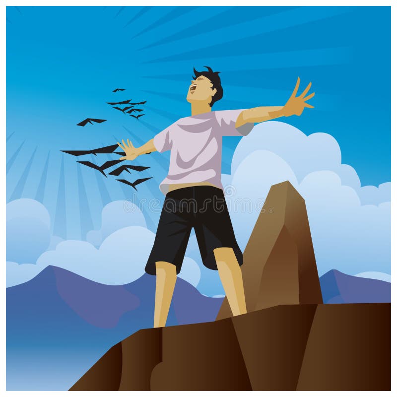 Man with Open Arms Standing on Cliff. Vector Illustration Decorative ...