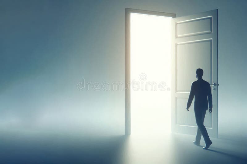 A Man at the Open Door Leading into the Light. Space for Text. Stock ...