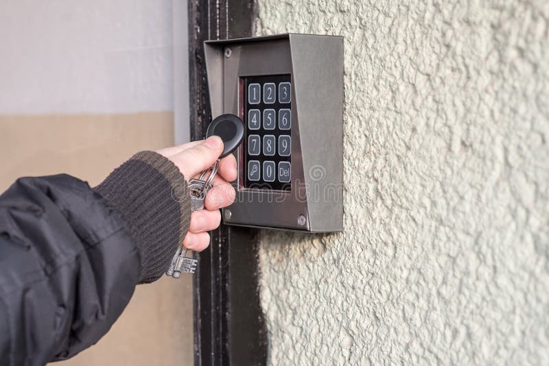 Man Open the Door with NFC Tag Stock Photo - Image of control, hold ...