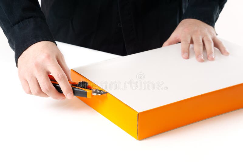 Man Opening a Box with a Cutter Stock Image - Image of knife, caucasian ...