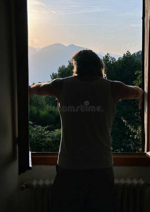 Man Opening the Window at Sunrise Stock Image - Image of sunny ...