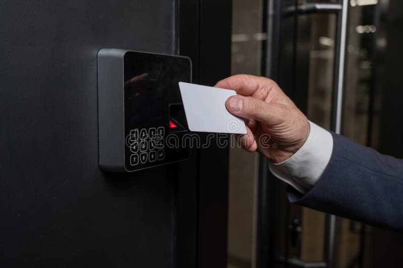 A Man Opens the Door with a Card. Modern Electronic Lock Stock Image ...