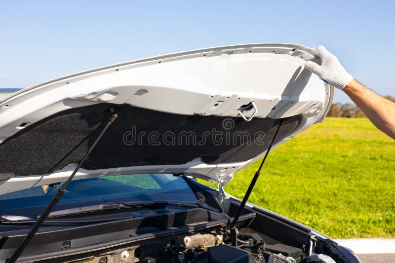 Man Opens the Hood of a Car Stock Photo - Image of hood, stop: 290896158