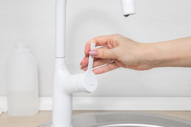 Man Opens the Water Tap in the Kitchen. Stock Image - Image of lever ...