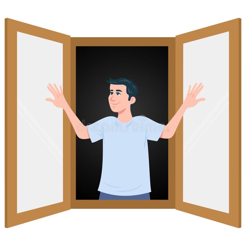 Man Opens Window Enjoying Fresh Air Vector Illustration Flat Design ...