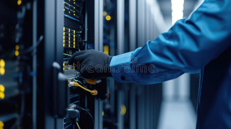 A Man Operates an Electric Blue Server in a Glass Data Center. AIG41 ...