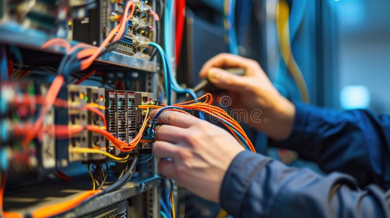 A Man Operates an Electric Blue Server in a Glass Data Center. AIG41 ...