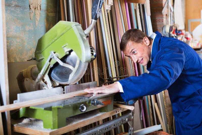 Man Operating Circular Saw in Wood Workshop Stock Photo - Image of ...