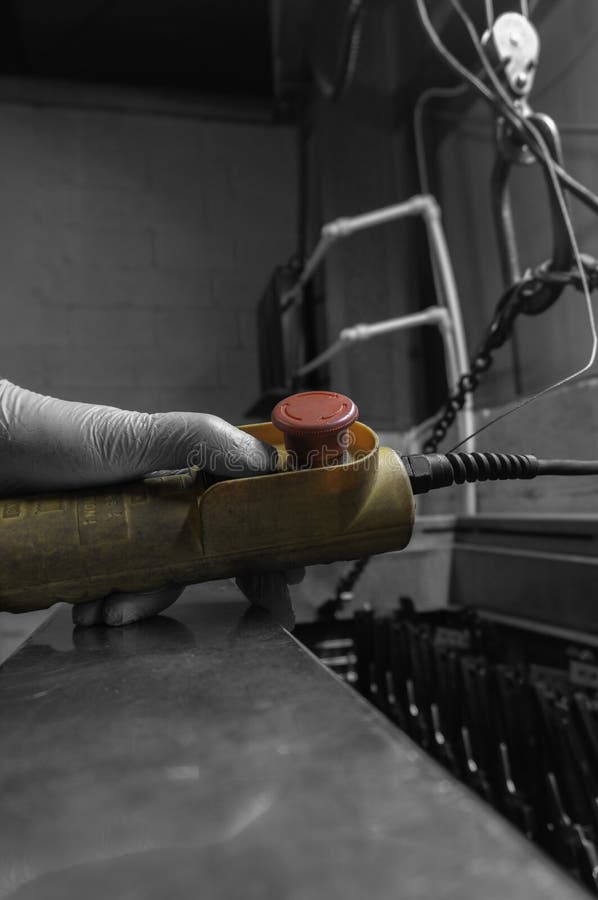 Man Operating a Control for an Indoor Crane Hoist in a Factory Workshop ...