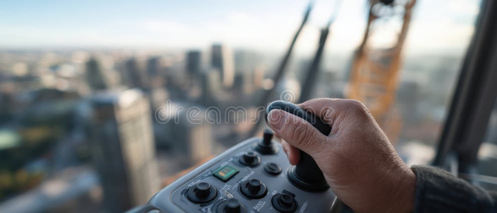 Man Operating Crane Control Panel with Cityscape View, Construction ...