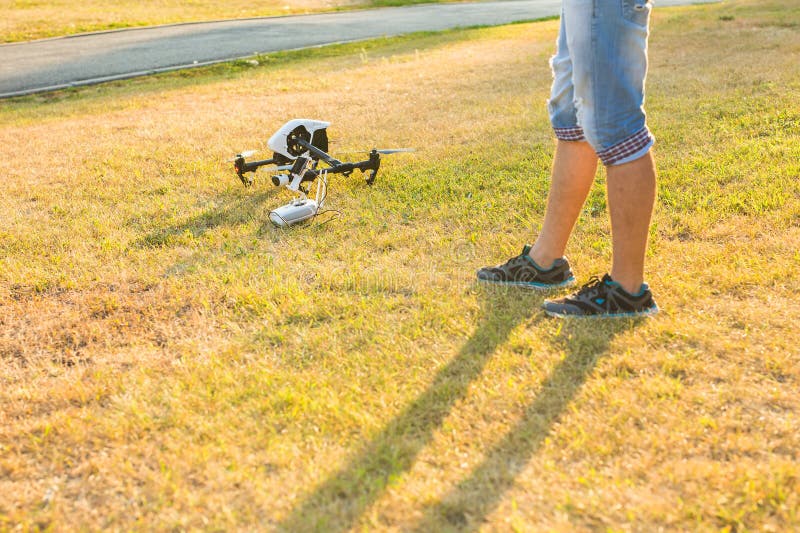 Ufa Russia 8 August 2016 Man Operating Drone Flying Or Hovering