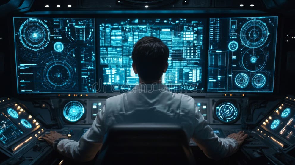Man Operating Futuristic Control Panel with Blue Screens Stock ...